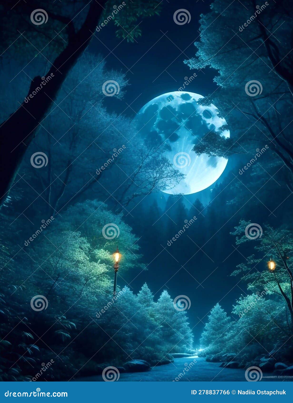 Full Moon in the Night Forest with Lanterns Stock Illustration ...
