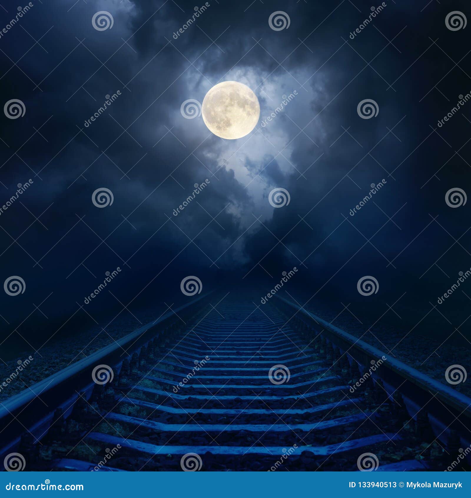 Full Moon in Night Sky Over Railroad Stock Image - Image of long ...