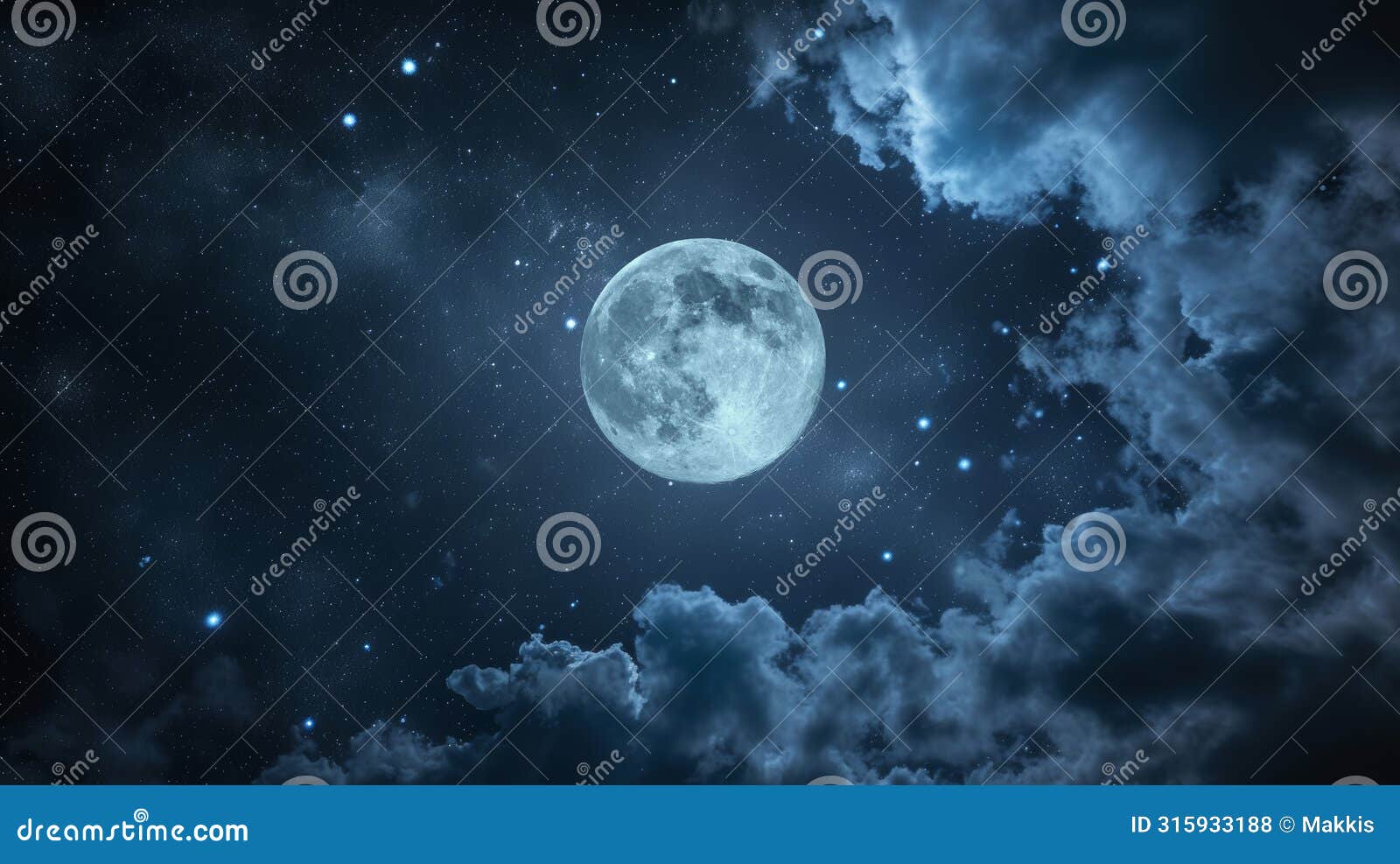 Full Moon in the Night Sky with Stars Surrounded by Dramatic Clouds ...