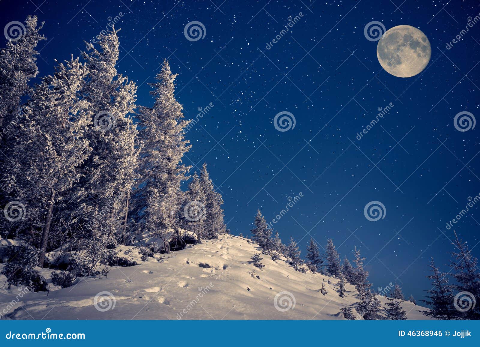 Full Moon in the Night Sky in Winter Mountains Stock Photo - Image of ...