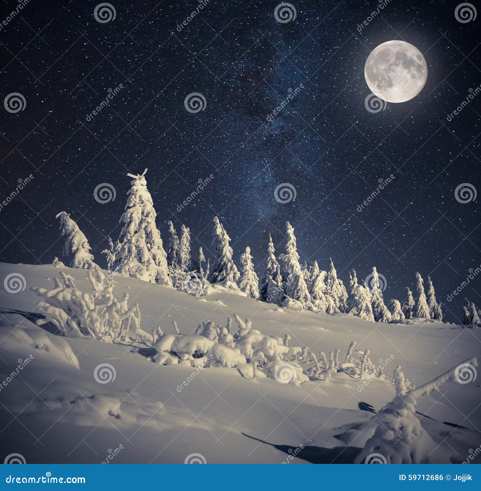 Full Moon in Night Sky in Winter Mountains Stock Photo - Image of ...
