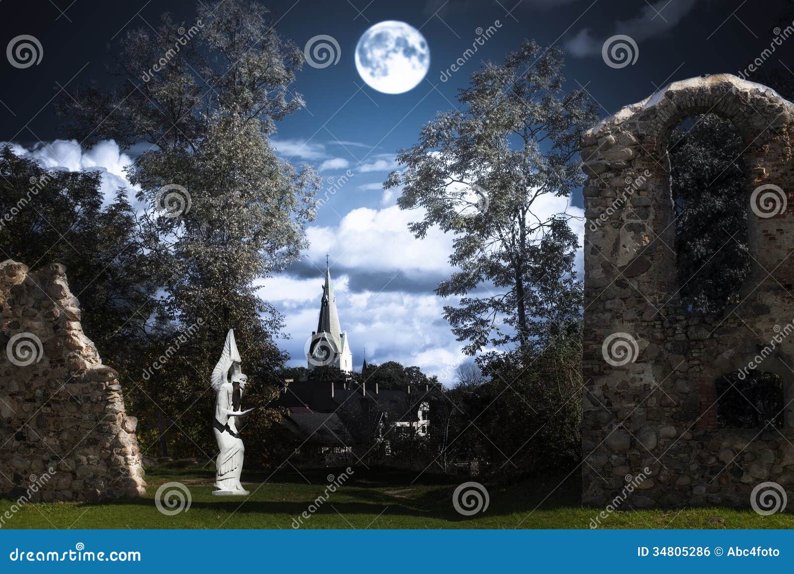 Full Moon Over an Angel Statue Stock Photo - Image of evil, halloween ...