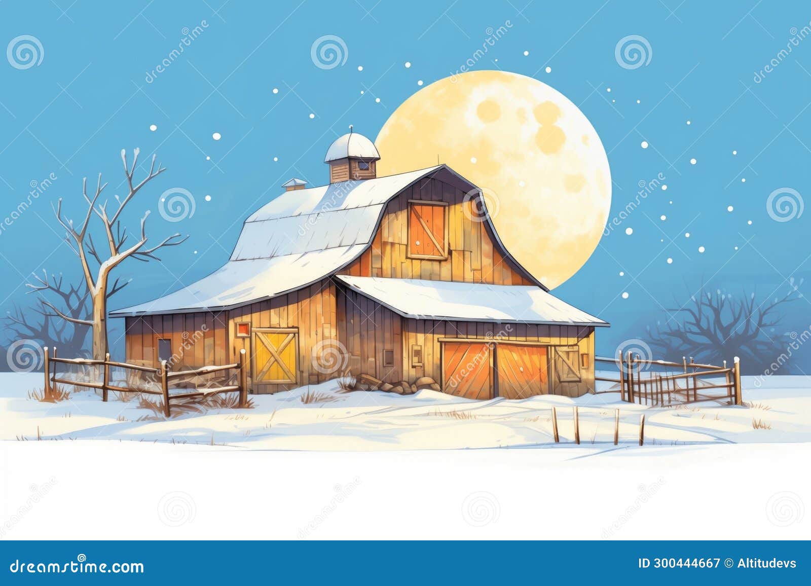 Full Moon Over Barn in a Snow-covered Field Stock Image - Image of ...