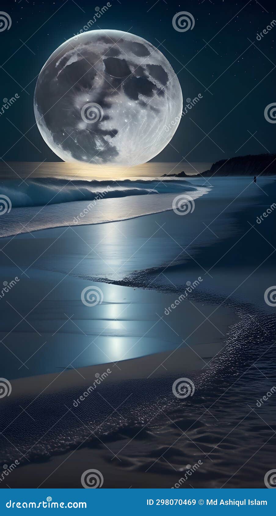 Full Moon Over a Beach at Night. 3D Rendering Stock Illustration ...