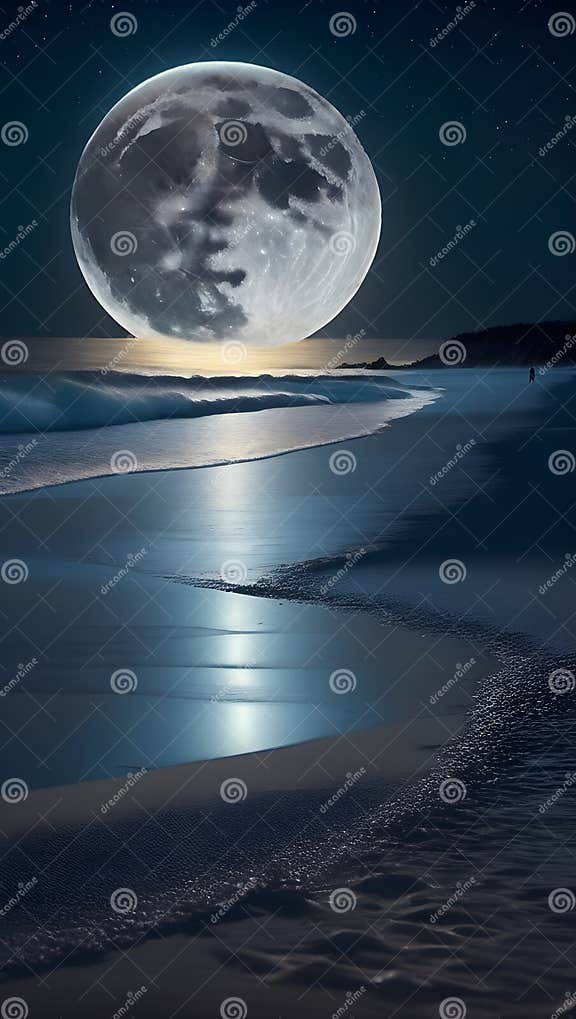 Full Moon Over a Beach at Night. 3D Rendering Stock Illustration ...