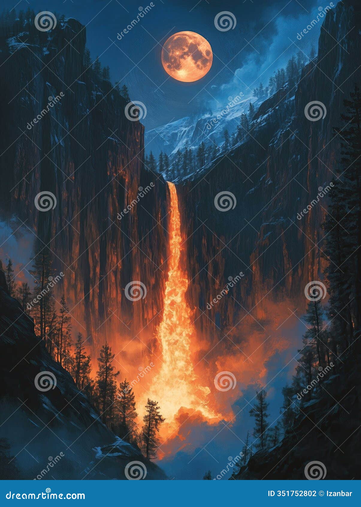 Full Moon Over the Burning Waterfalls of Yosemite, Hyper Realistic ...
