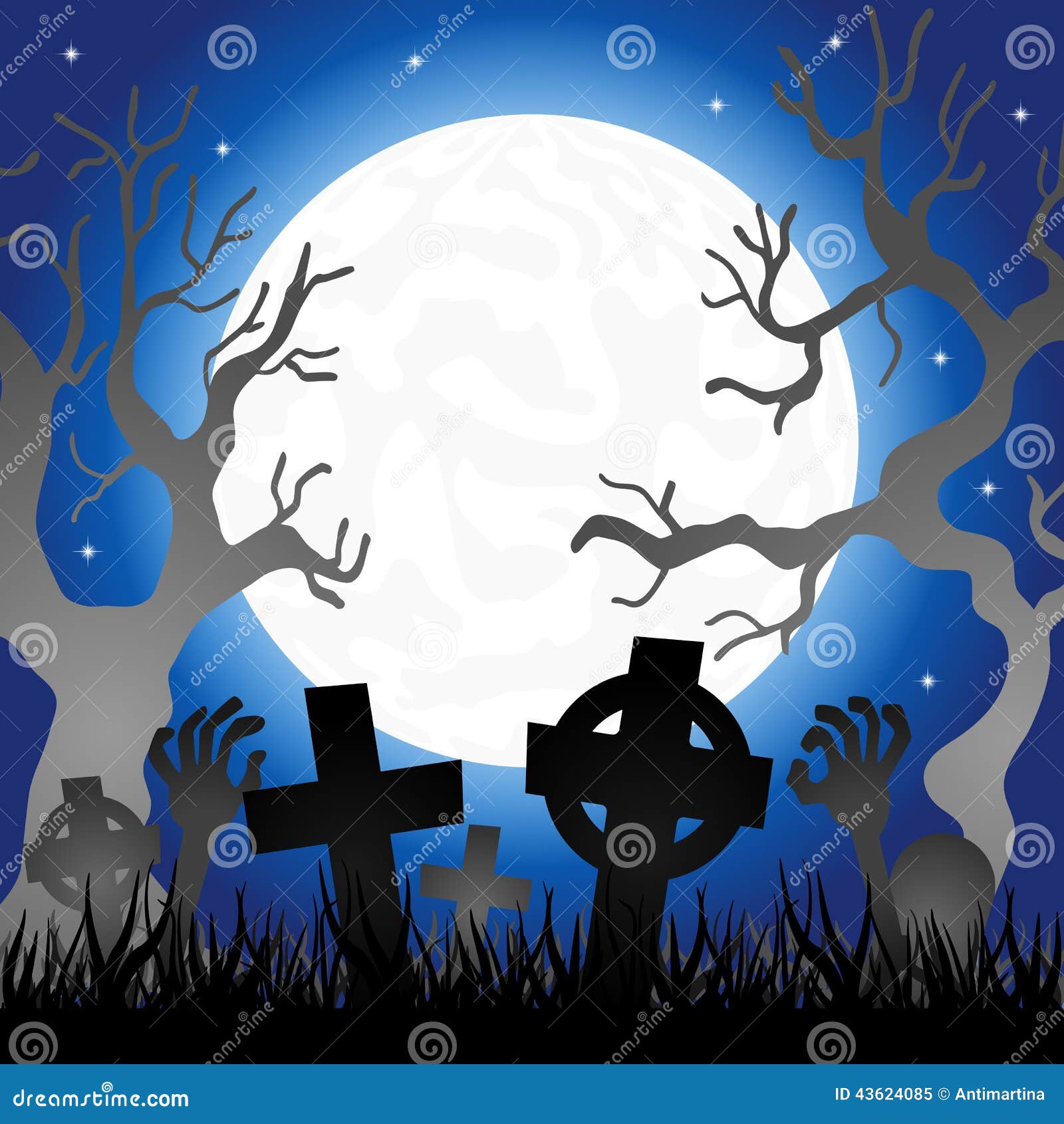 Full Moon Over the Cemetery Stock Vector - Illustration of black ...