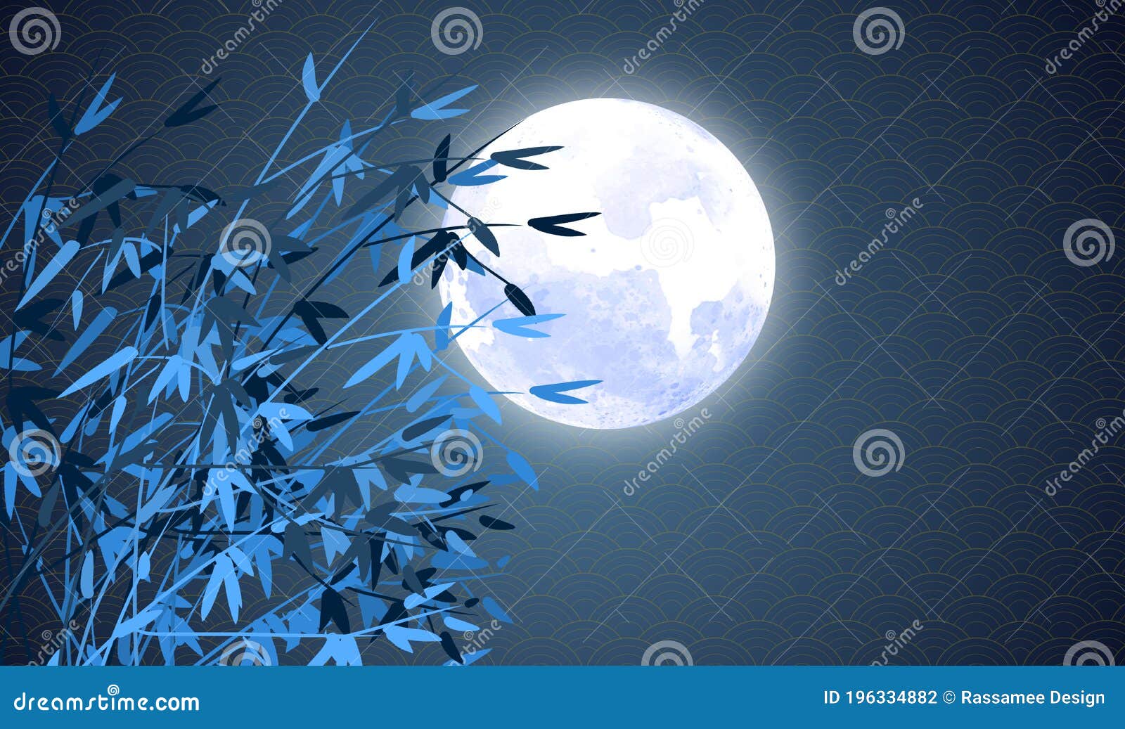 Full Moon Over Chinese Pattern Sky and Bamboo Trees Stock Illustration ...