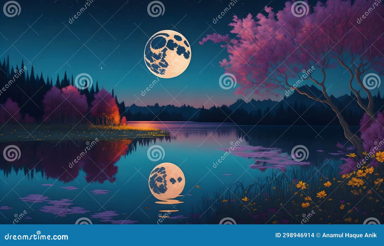 Full Moon Over the Forest Lake. 3d Rendering Stock Illustration ...