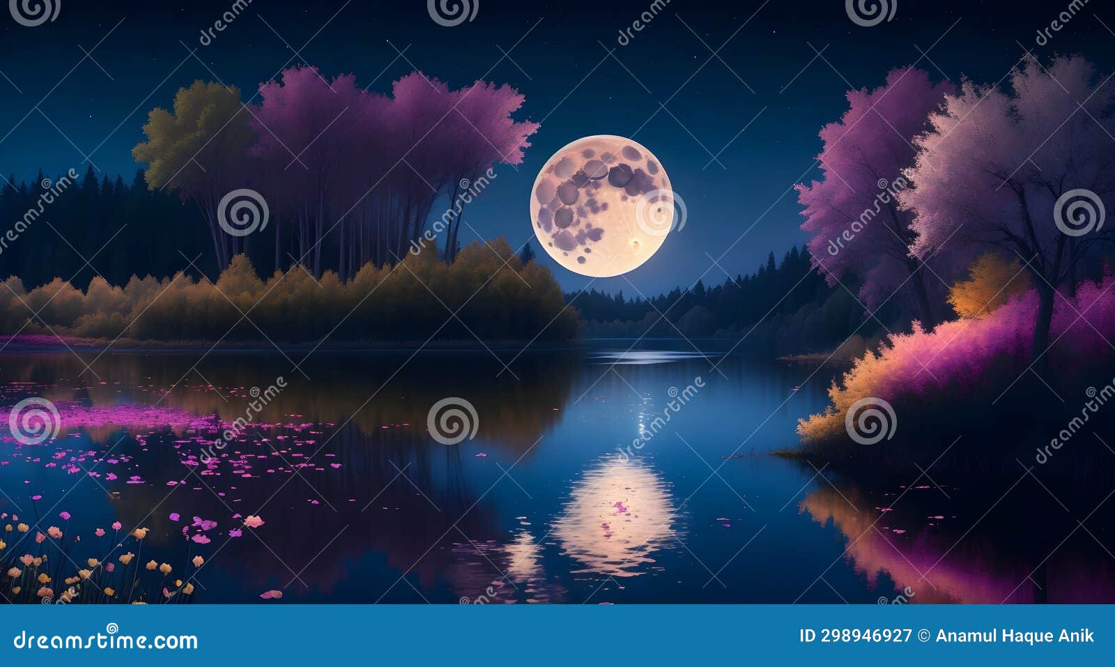Full Moon Over the Forest Lake. 3d Rendering Stock Illustration ...