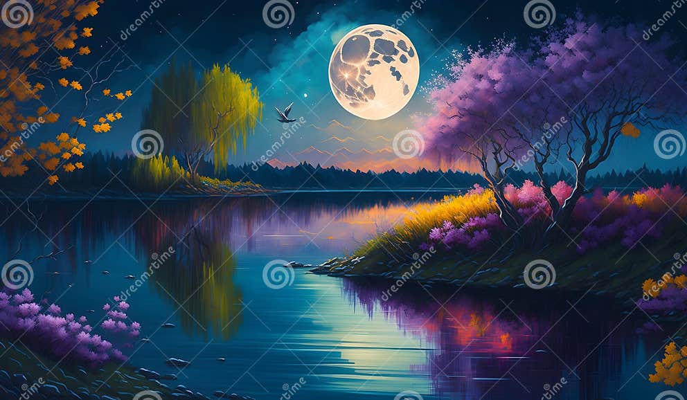 Full Moon Over the Forest Lake. 3d Rendering Stock Illustration ...
