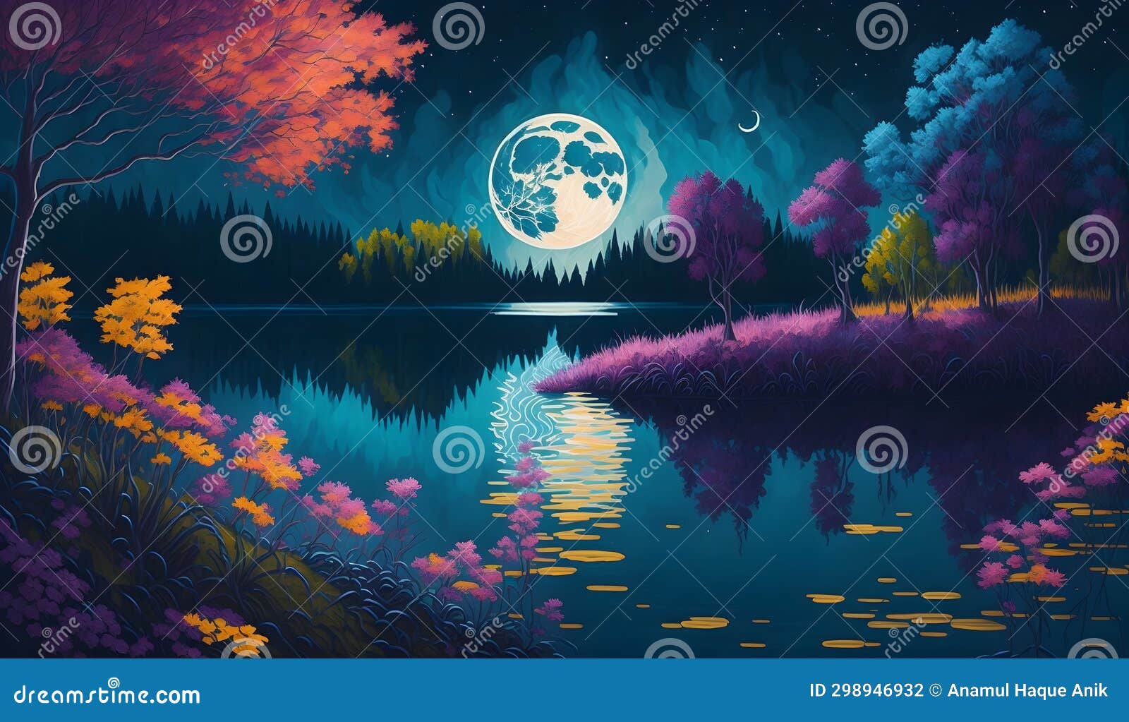 Full Moon Over the Forest Lake. 3d Rendering Stock Illustration ...