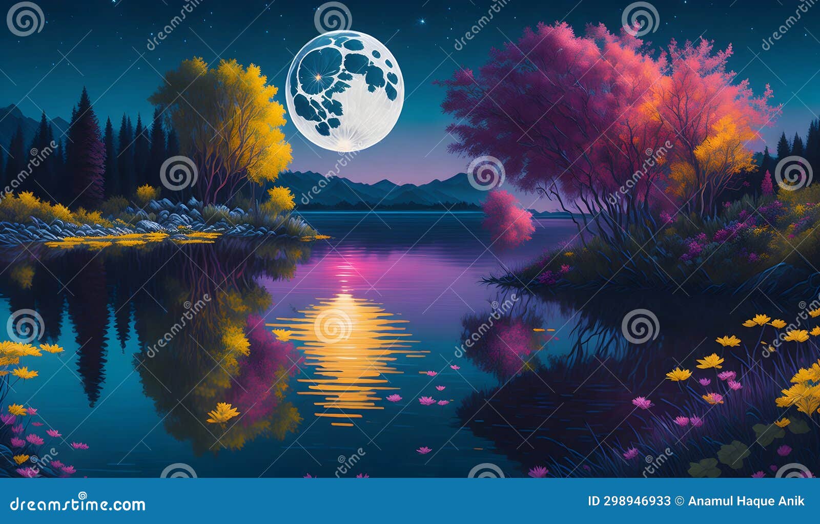 Full Moon Over the Forest Lake. 3d Rendering Stock Illustration ...