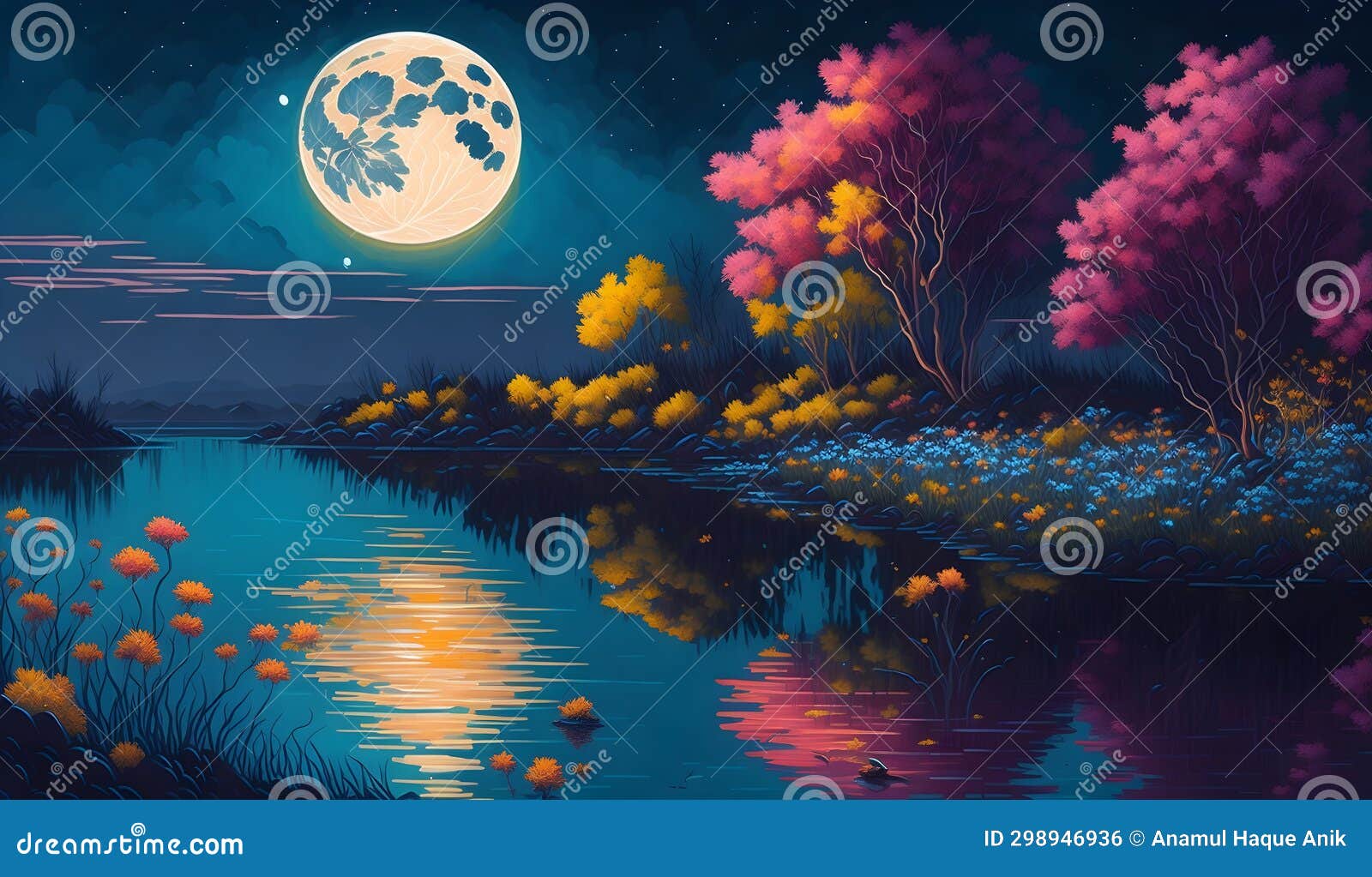 Full Moon Over the Forest Lake. 3d Rendering Stock Illustration ...