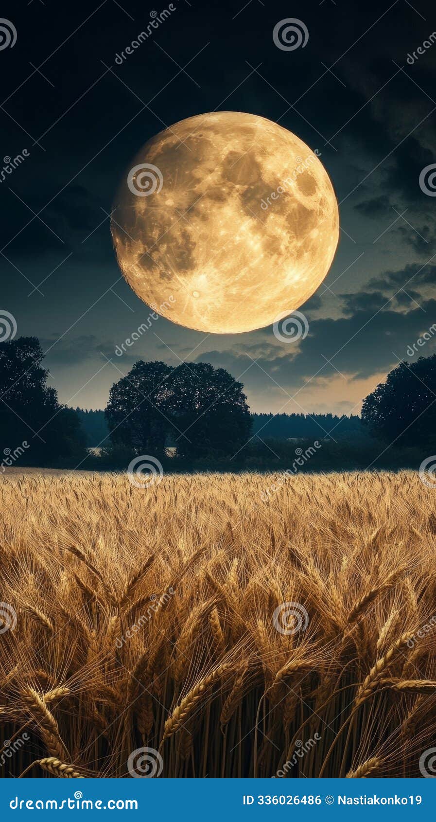 Full Moon Over Golden Wheat Field at Night Stock Photo - Image of ...