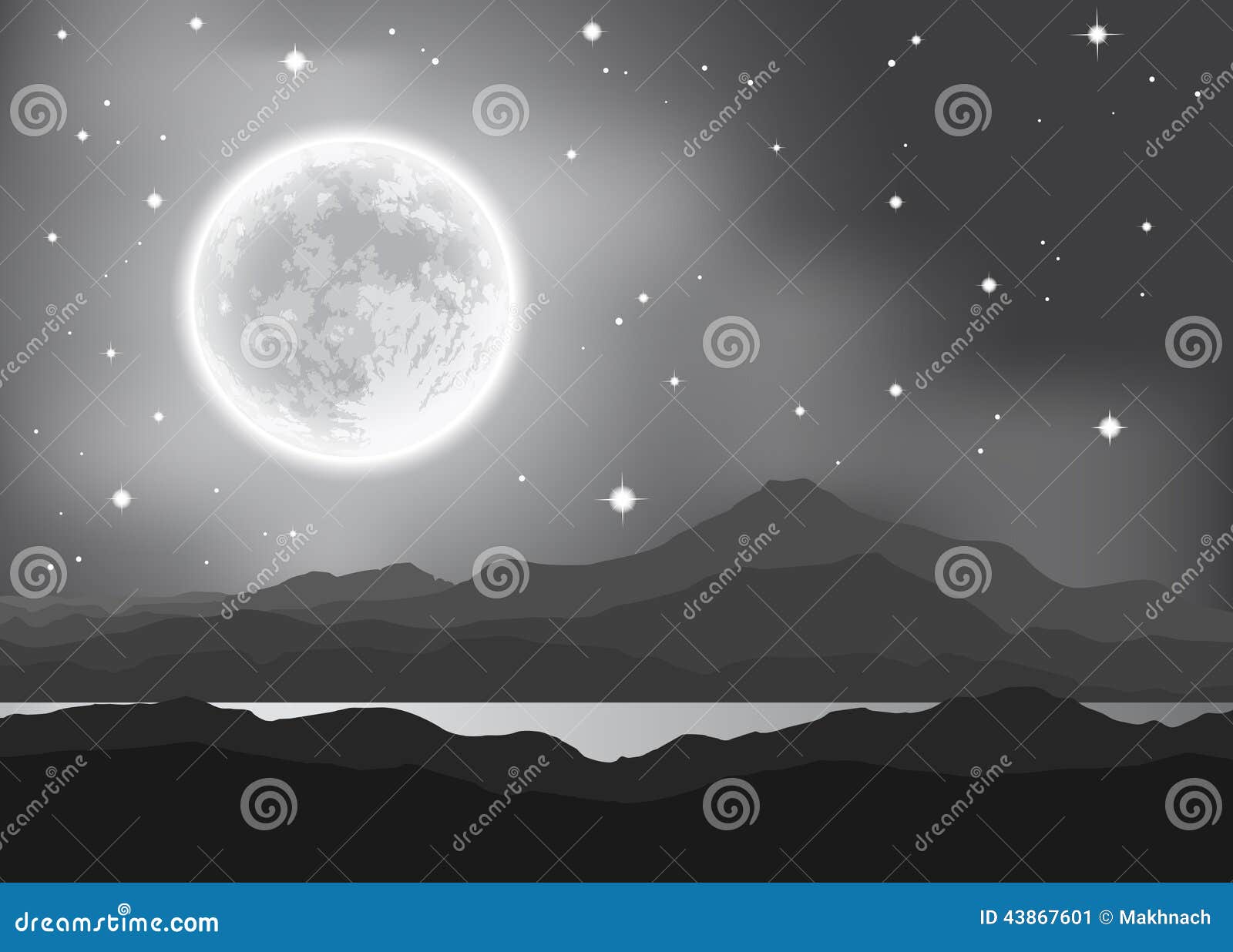 Full Moon Over Mountains and Lake. Stock Vector - Illustration of ...