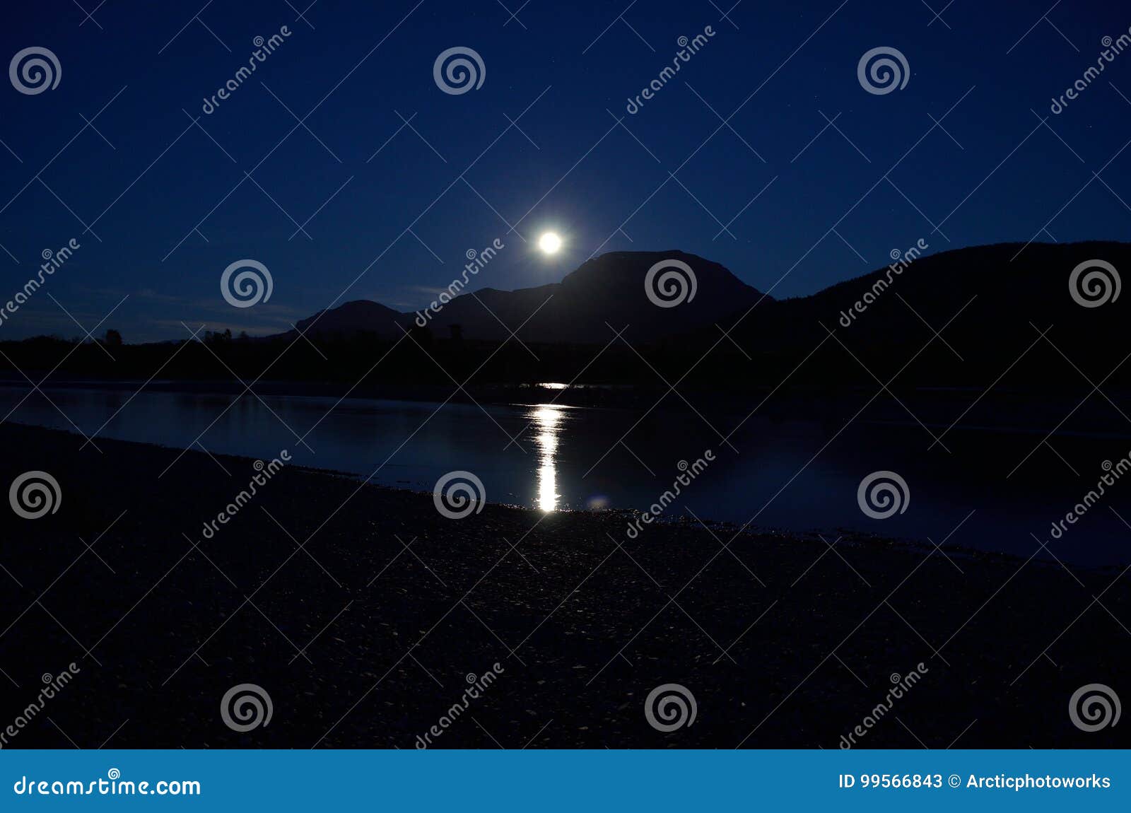 Full Moon Over Night Mountain with Reflection on River Surface Stock ...