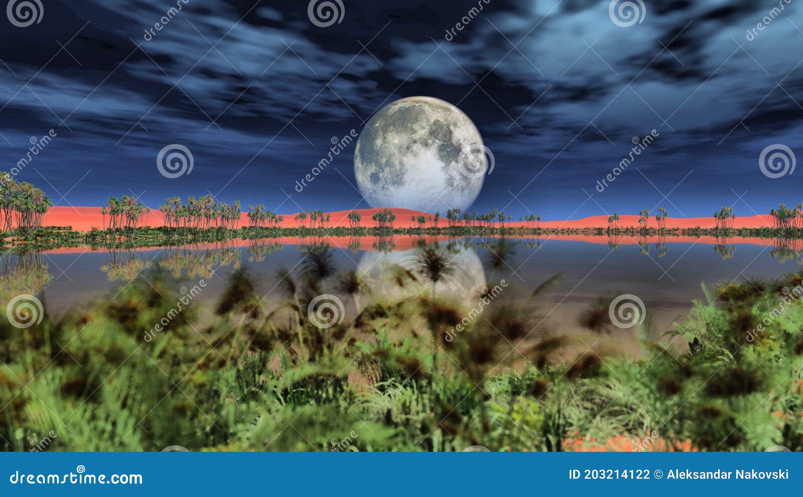 Full Moon Over Oasis 3d Render Stock Illustration - Illustration of ...