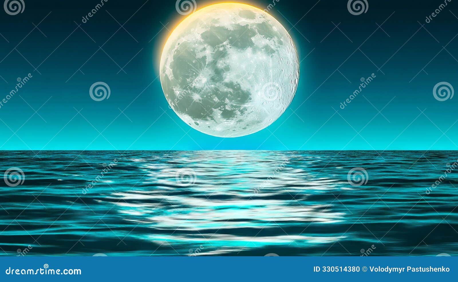 A Full Moon Over the Ocean with a Blue Sky and Water Stock Photo ...