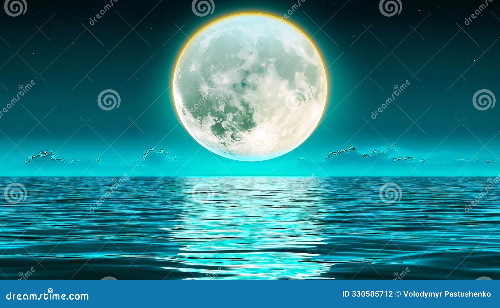 A Full Moon Over the Ocean at Night with Clouds in the Sky Stock Photo ...
