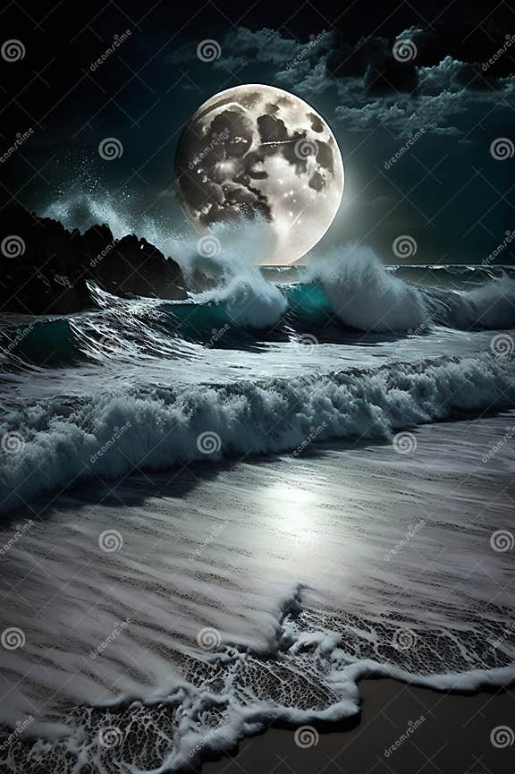 Full Moon Over the Ocean at Night, 3d Render Illustration. Stock ...