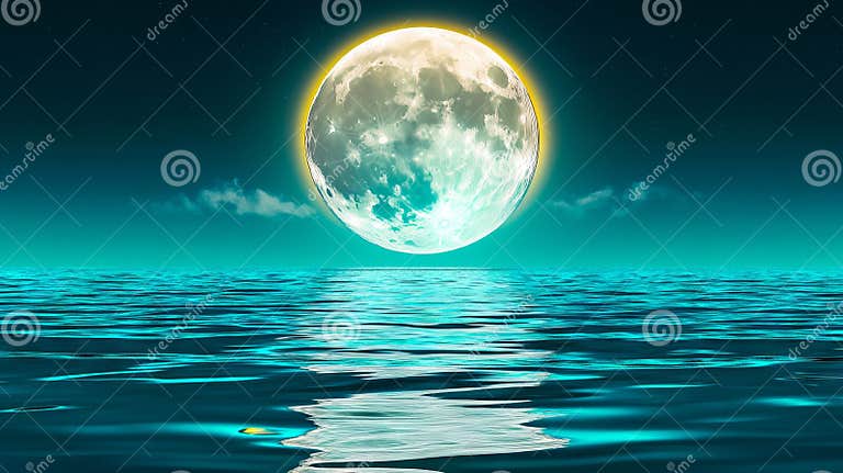 A Full Moon Over the Ocean at Night with a Reflection in the Water ...
