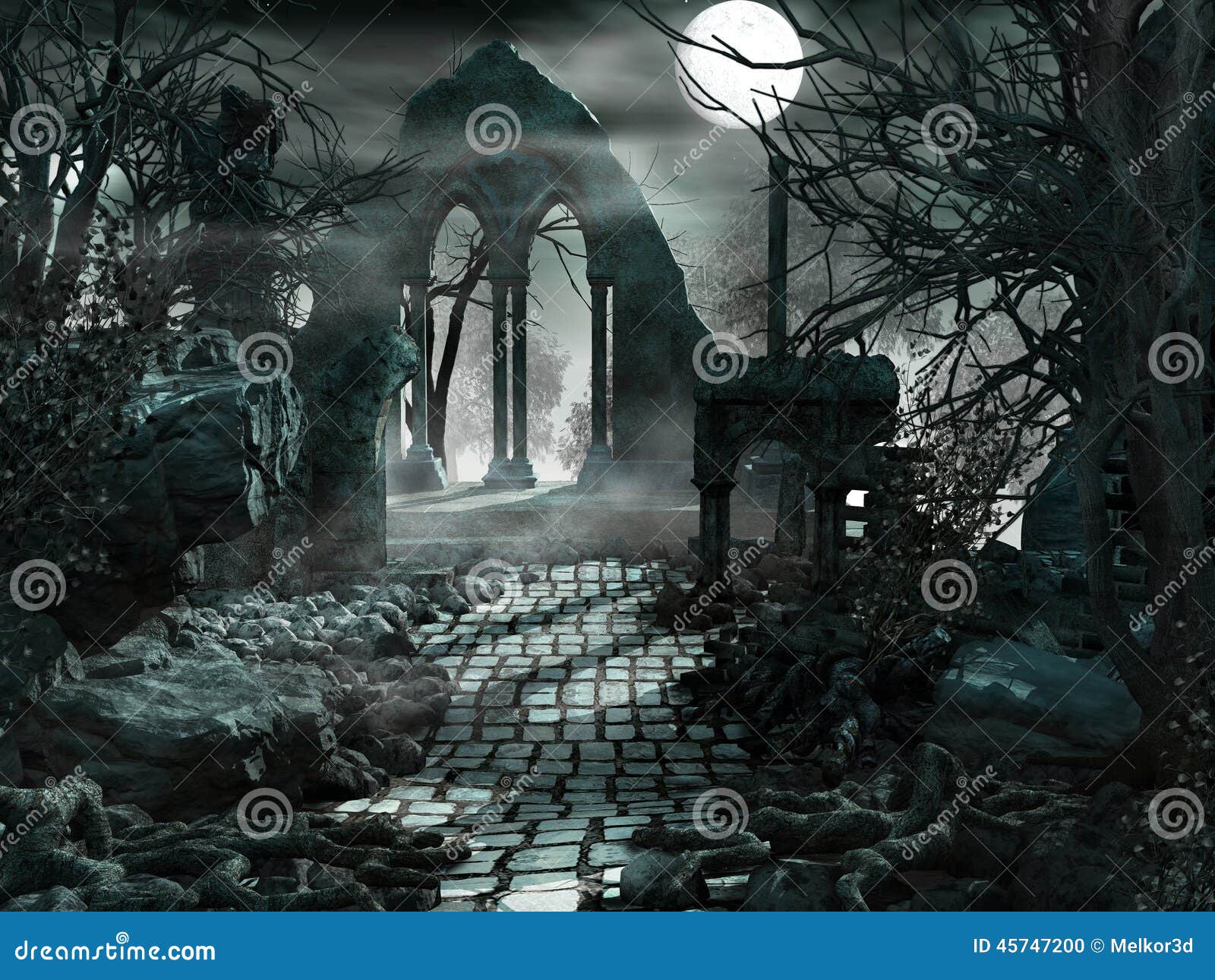 Full Moon Over the Ruins of the Temple Stock Illustration ...