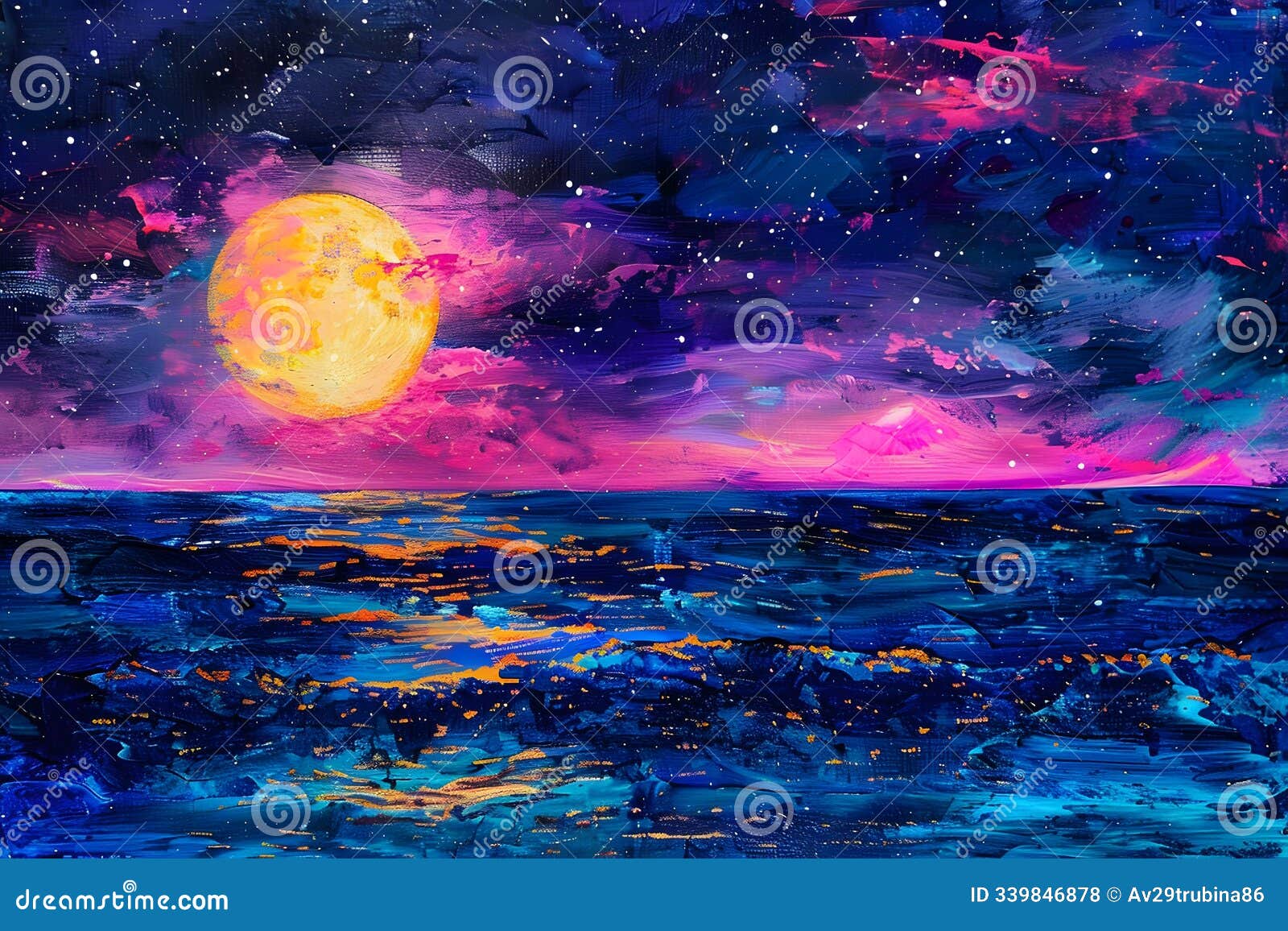 Full Moon Over the Sea, Starry Night Stock Illustration - Illustration ...