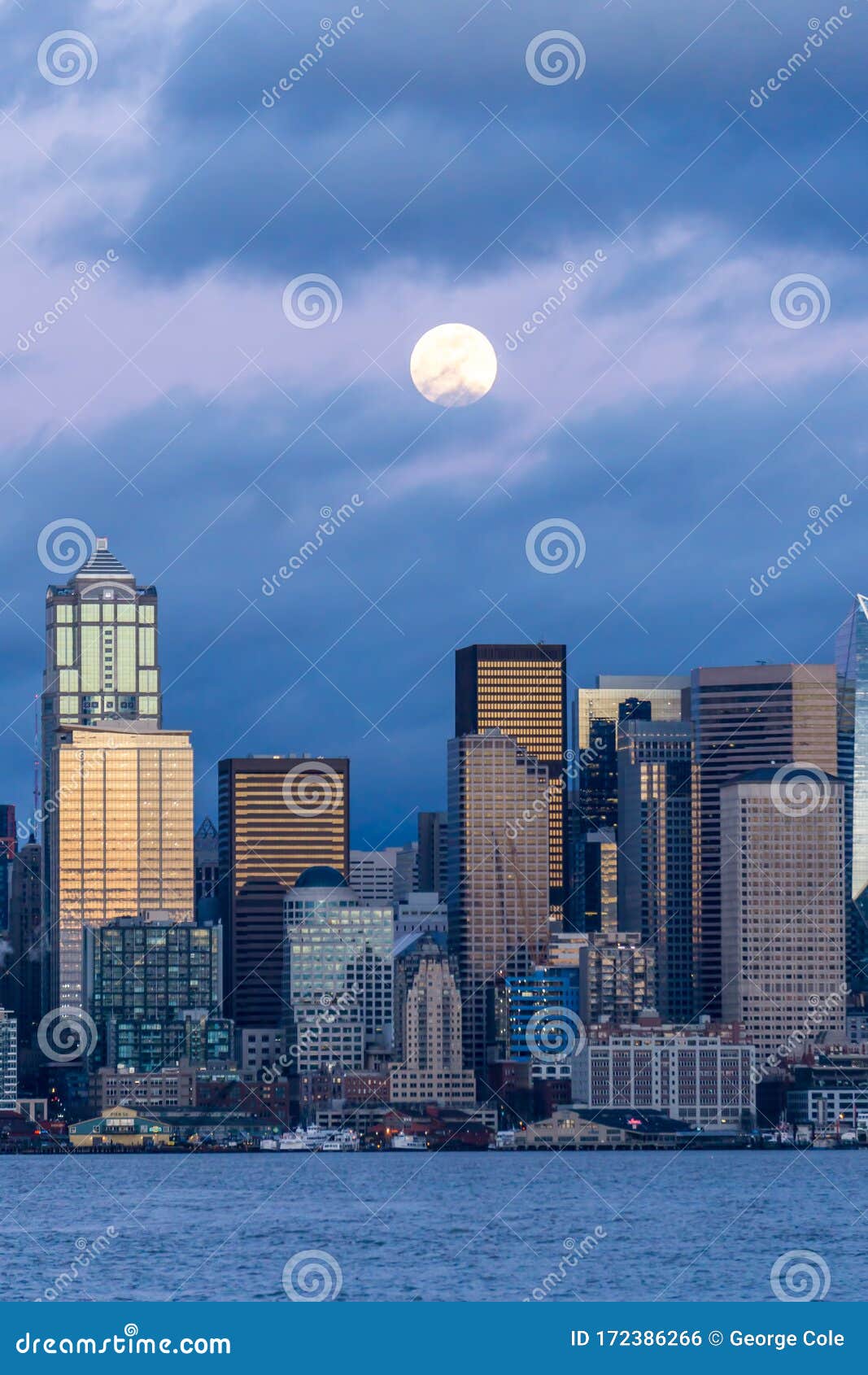 Full Moon Over Seattle 10 stock photo. Image of architecture - 172386266