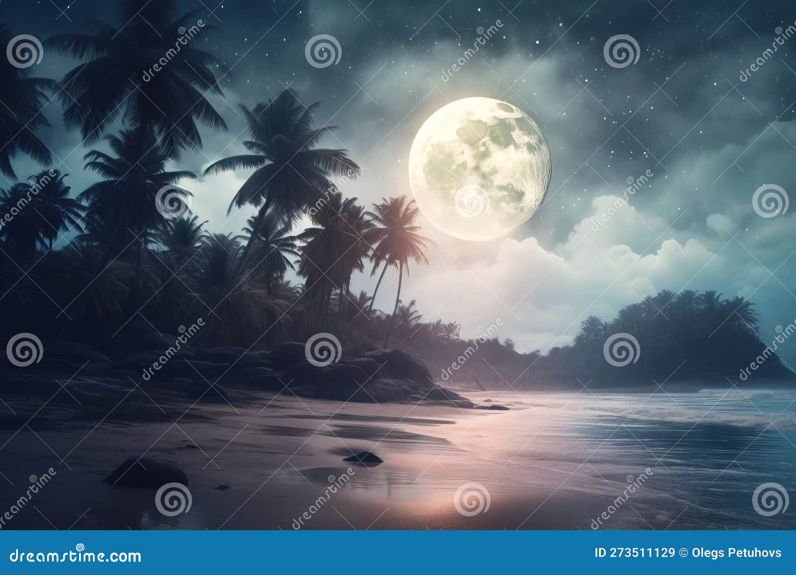 A Full Moon Over a Tropical Beach with Palm Trees and Water Stock ...