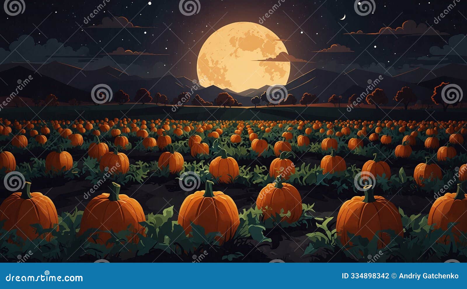 Full Moon Over a Vast Pumpkin Patch at Night with Mountains and Starry ...