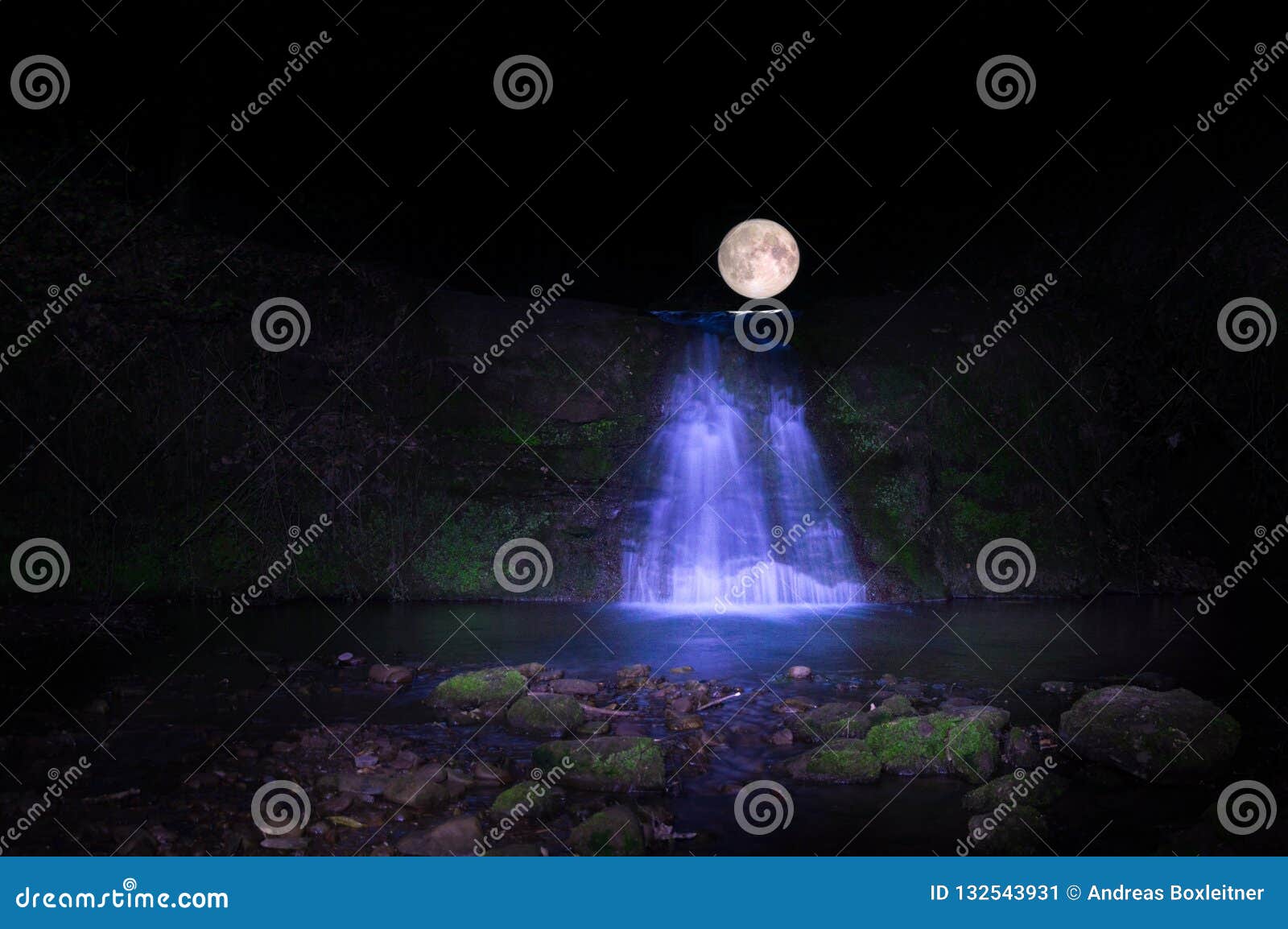 Full moon over water fall stock image. Image of dark - 132543931
