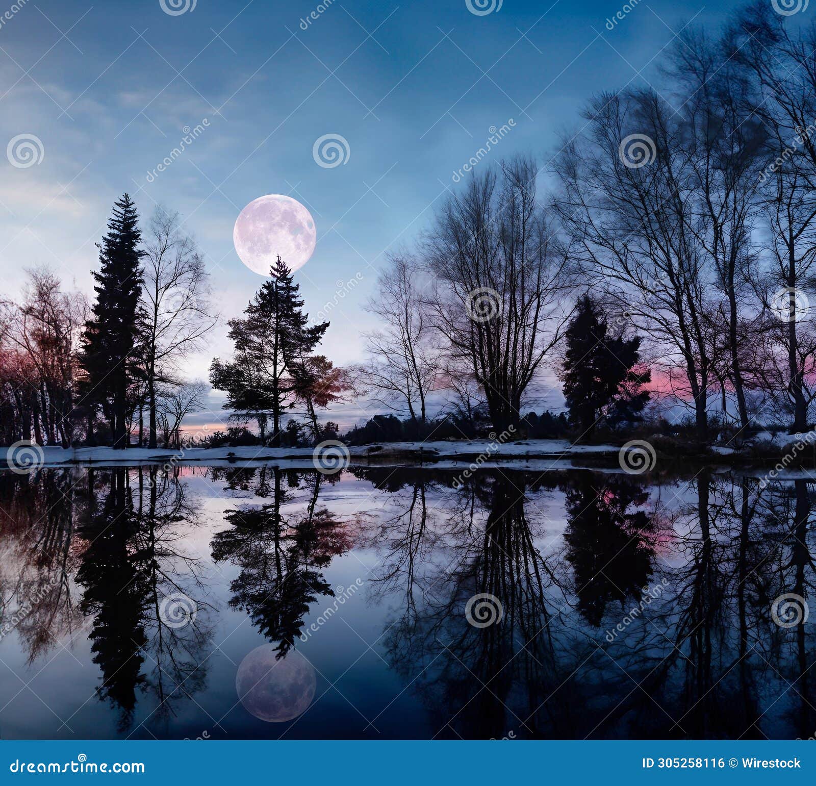 The Full Moon is Over the Water and Trees are Reflected Stock Photo ...