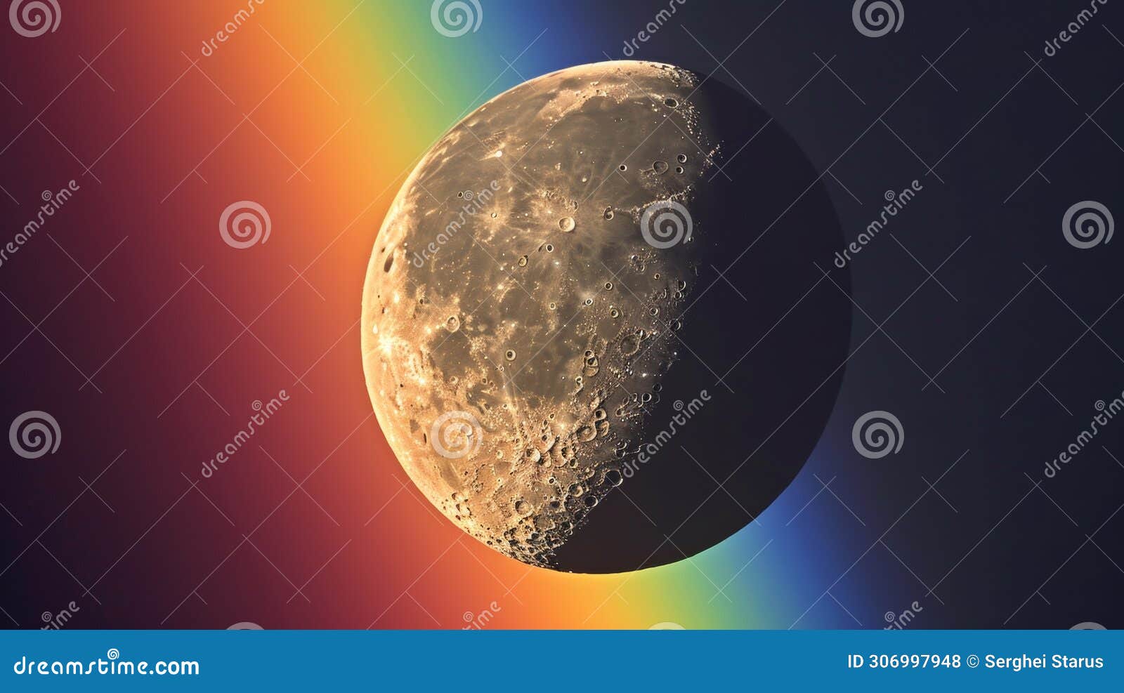 A Full Moon in a Rainbow Colored Sky with the Earth Below, AI Stock ...