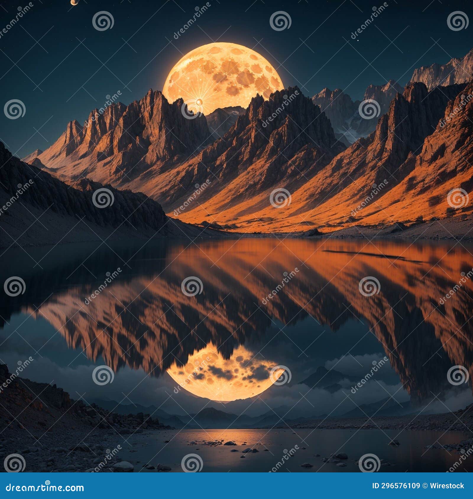 A Full Moon Reflected in the Lake Below the Mountains and Peaks Stock ...
