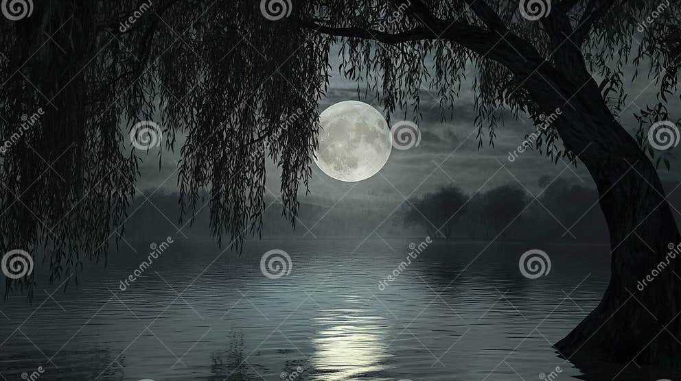 A Full Moon Reflecting on a Still Lake Under a Weeping Willow Stock ...