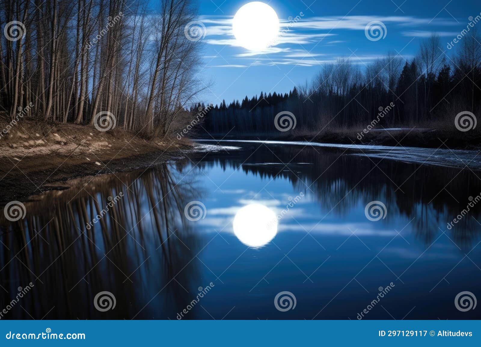Full Moon Reflecting on the Surface of a Still River Stock Image - Image of night, landscape ...