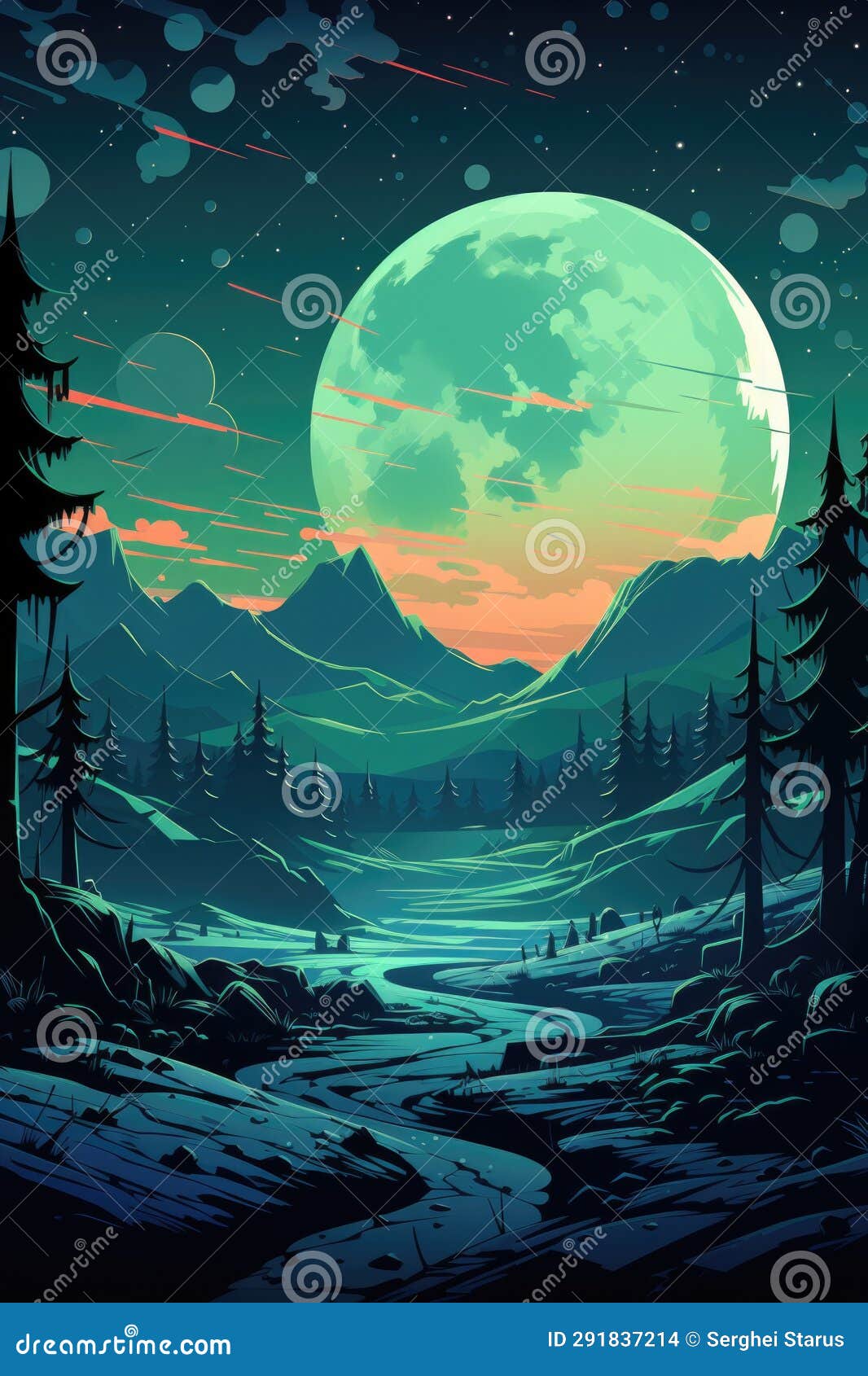 A Full Moon Rises Over a Mountain Landscape, AI Stock Illustration ...