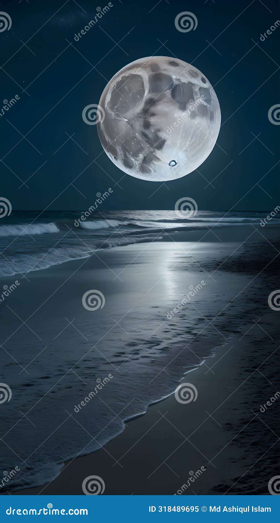 A Full Moon Rises Over the Ocean and the Beach Stock Illustration ...