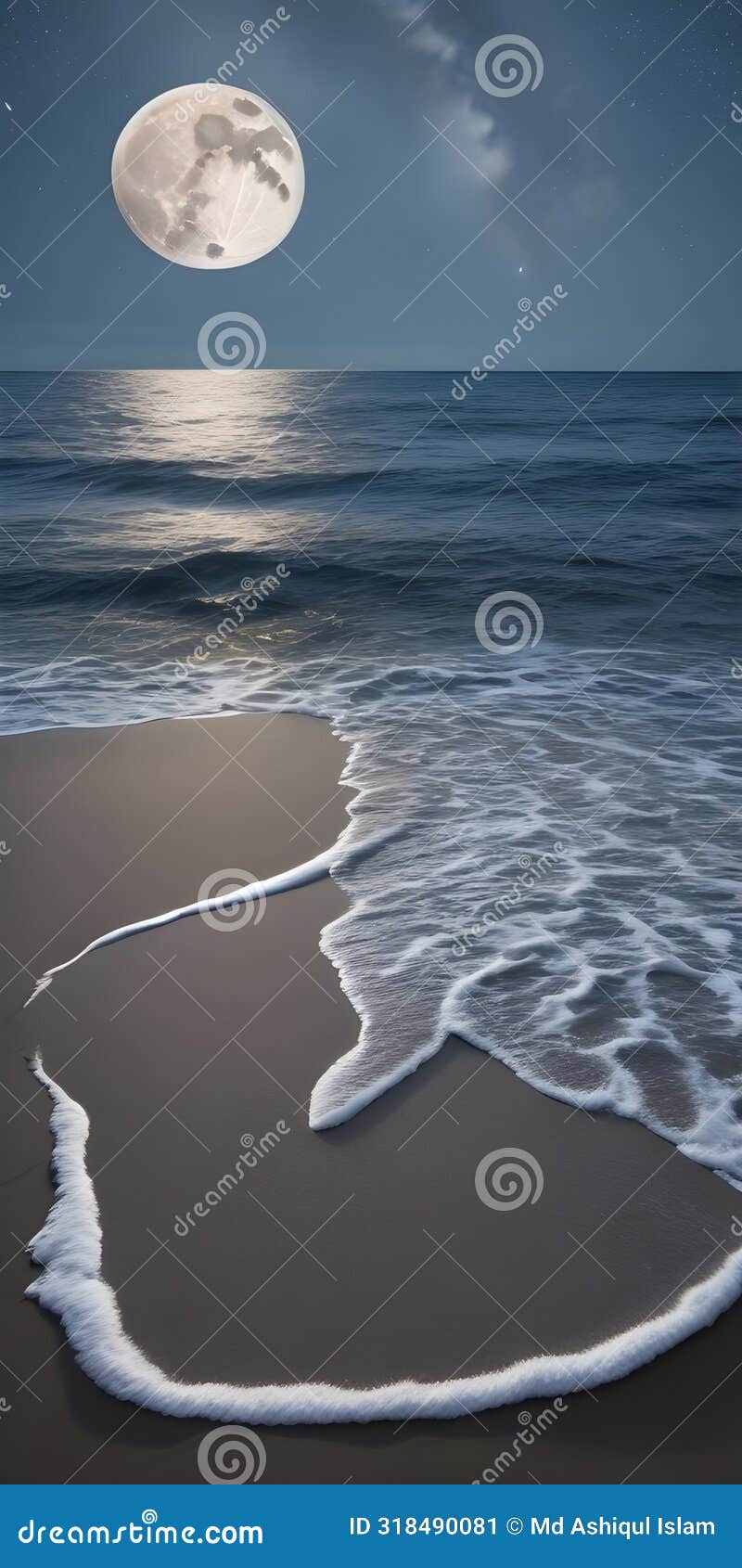 A Full Moon Rises Over the Ocean and the Beach Stock Illustration ...