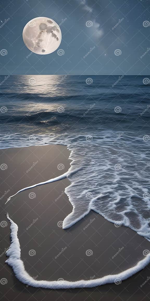 A Full Moon Rises Over the Ocean and the Beach Stock Illustration ...