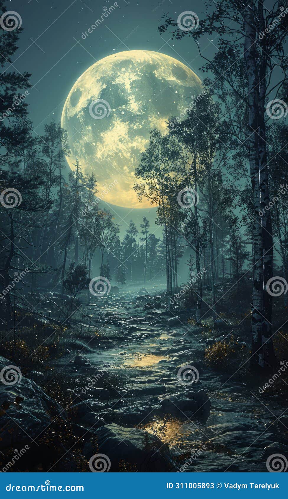 Full Moon Rises Over Stream in Forest. Stock Image - Image of full ...