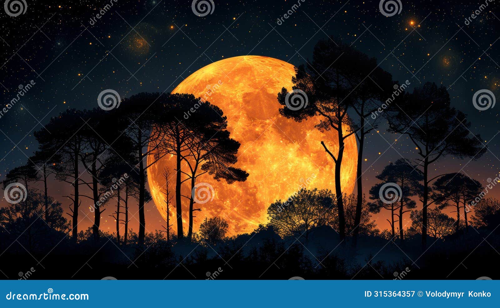 Full Moon Rising Behind Silhouette of Pine Forest Stock Image - Image ...