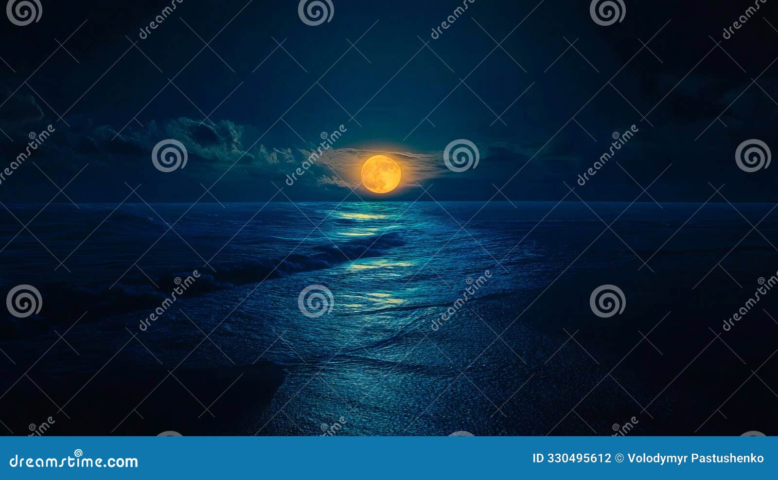 A Full Moon Rising Over the Ocean at Night Stock Photo - Image of line ...