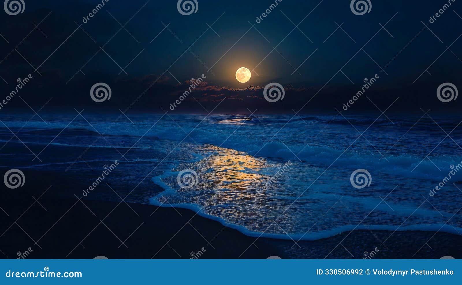 A Full Moon Rising Over the Ocean at Night on the Beach Stock Photo ...