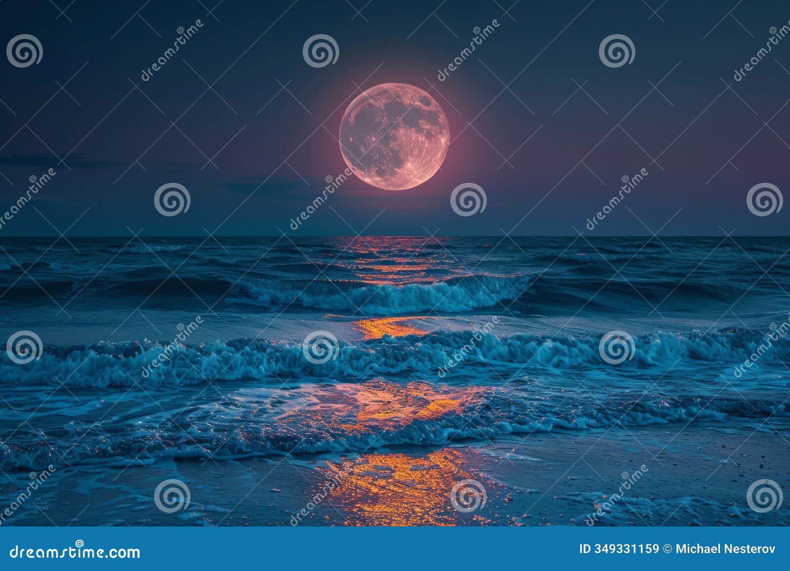 Full Moon Rising Over Ocean with Waves Crashing on Shore at Sunset ...