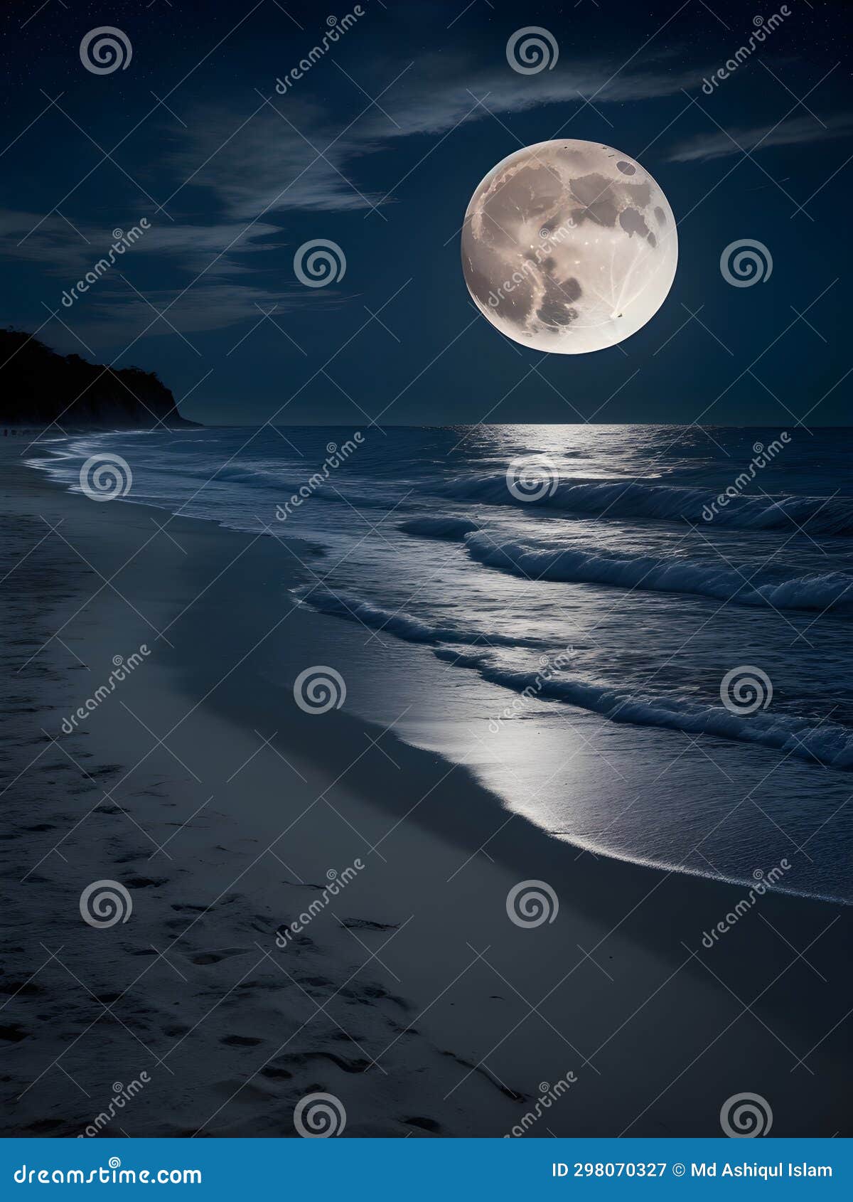 Full Moon Rising Over the Sea with Waves on the Beach in Summer Stock ...