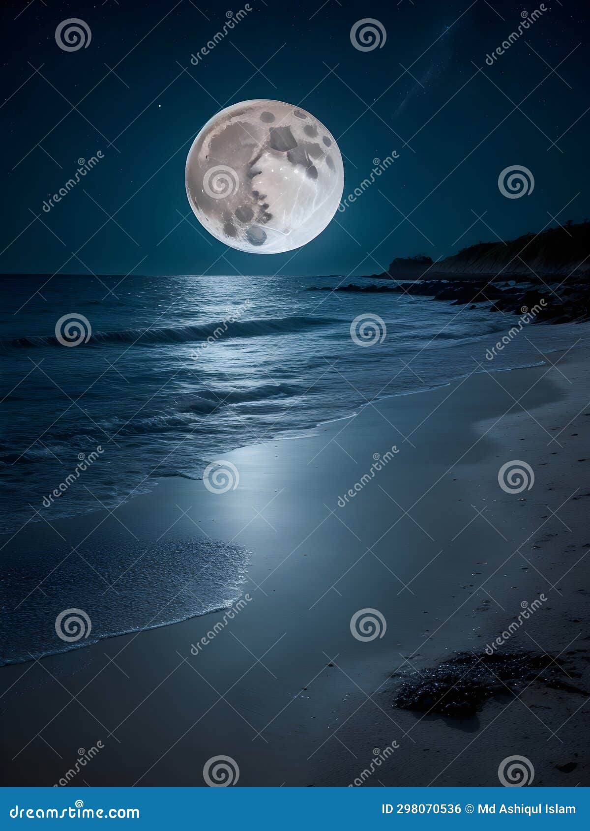 Full Moon Rising Over the Sea with Waves on the Beach in Summer Stock ...