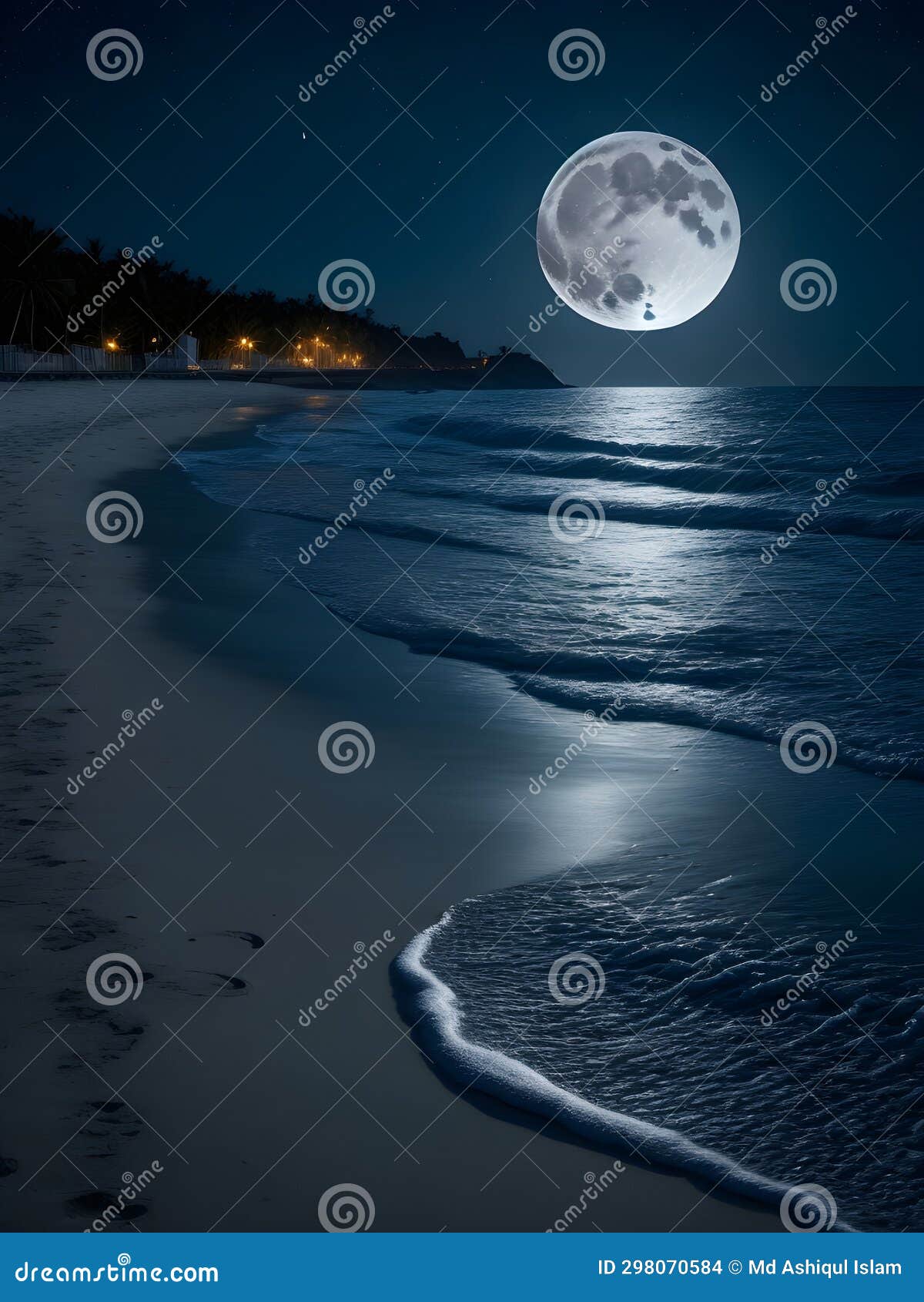Full Moon Rising Over the Sea with Waves on the Beach in Summer Stock ...
