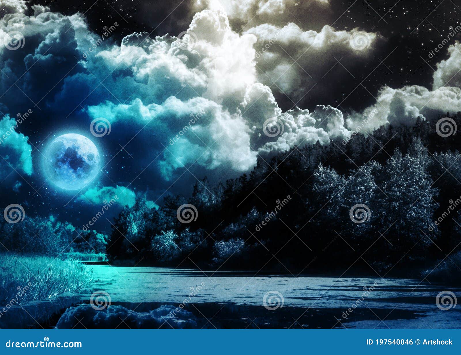 Full Moon and River Landscape Stock Photo - Image of landscape ...